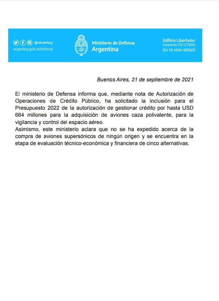 El Ministerio de Defensa anuncia que aún se encuentra en etapa de evaluación la adquisición de ...